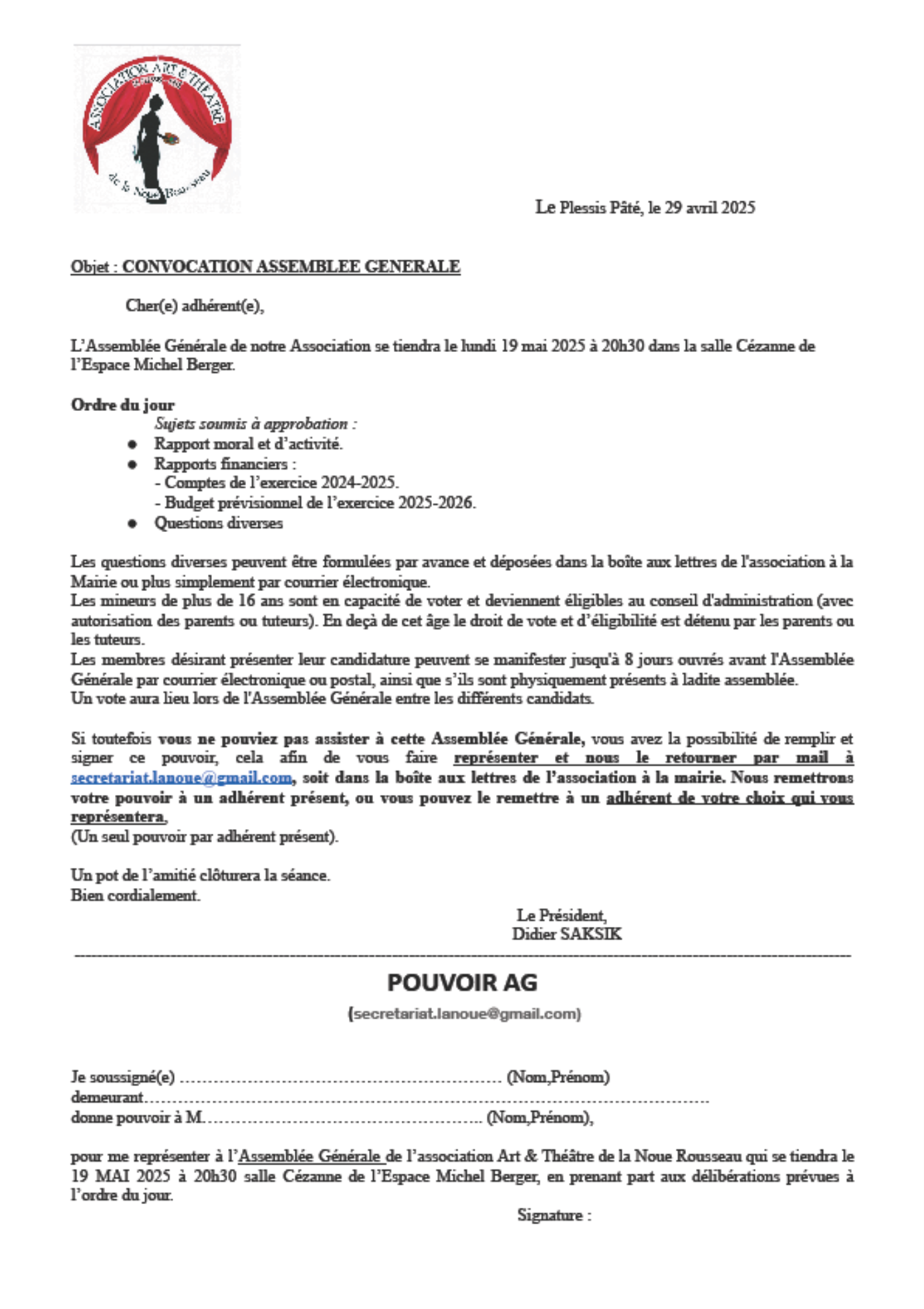 Convocation à l'assemblée générale du lundi 26 mai 2025 - La Noue Rousseau